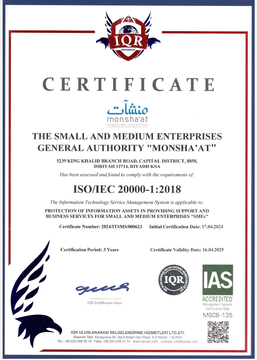 "Monsha’at" Obtains ISO 20000 Certification for Information Technology Service Management System ...
